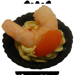 King Prawn in Ash Tartlet with Avocado Mousse & Cherry Tomato