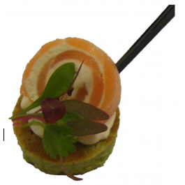 Smoked Salmon Roll & Micro Leaves on Pea Blinis with Pick