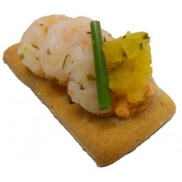 (F) Finger Biscuit with Baby Prawns Red Pepper Pesto Chives and Yellow ...